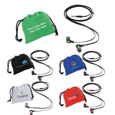 Customized Metallic Flare Earbuds with Microfiber - Headphones & Earbuds